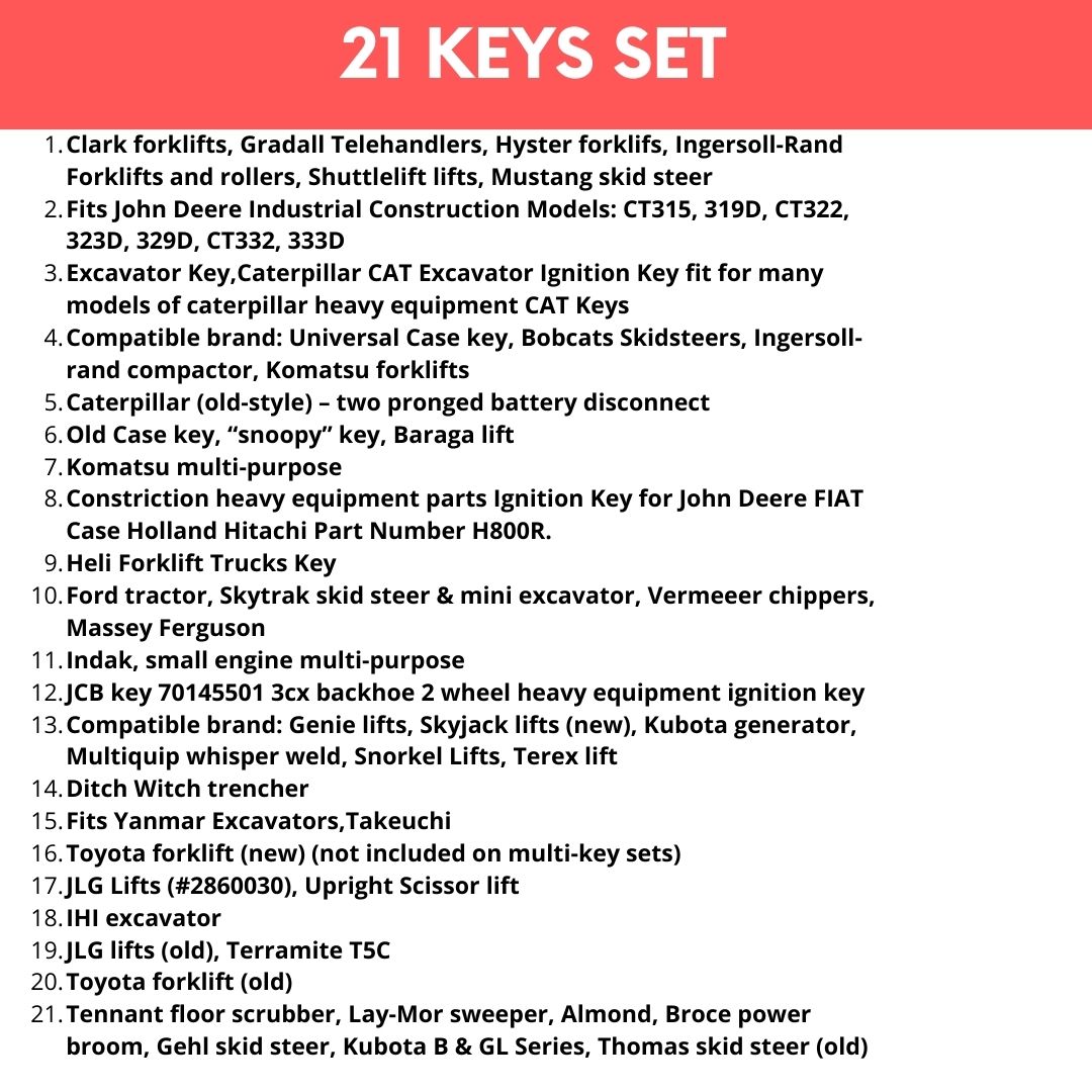 21 Keys Master Plant Key Set Digger Excavator Plant Dumper - Bomag JCB ...